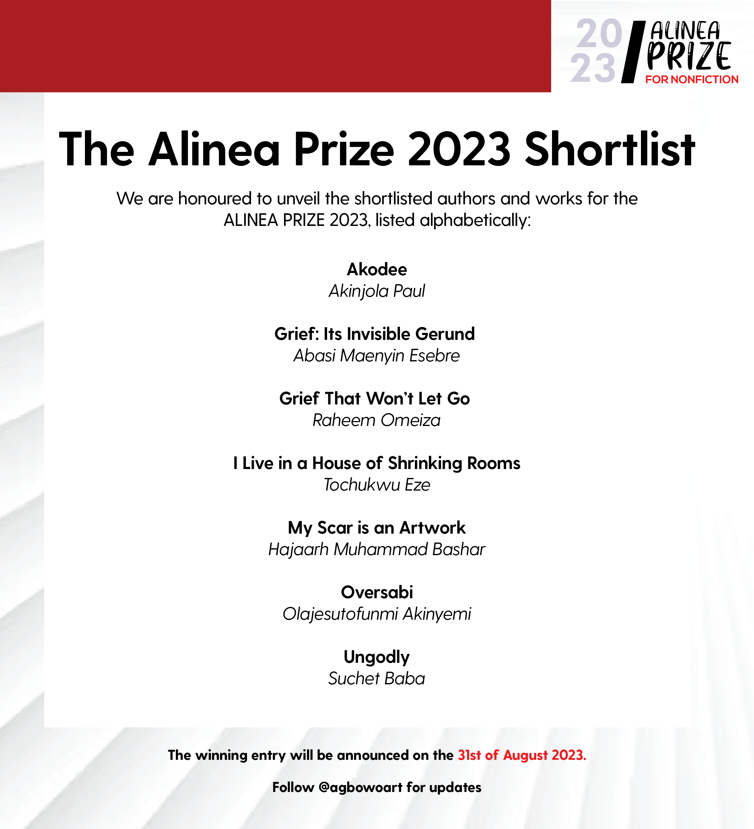 Announcing the Alinea Prize 2023 Shortlist - Agbowó
